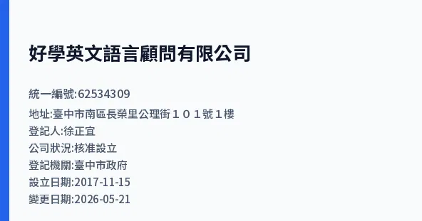 好學英文語言顧問有限公司的照片-統編 62534309(臺中市) 公司登記資料與營業項目詳細圖表