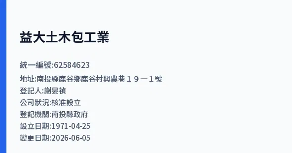 益大土木包工業的照片-統編 62584623(南投縣) 公司登記資料與營業項目詳細圖表