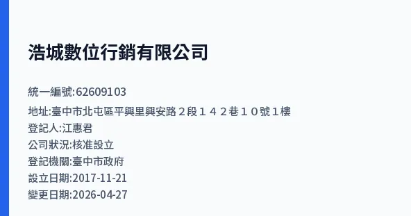 浩城數位行銷有限公司的照片-統編 62609103(臺中市) 公司登記資料與營業項目詳細圖表