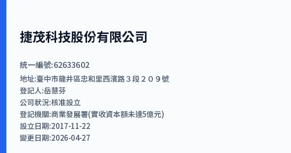 捷茂科技股份有限公司的照片-統編 62633602(臺中市) 公司登記資料與營業項目詳細圖表