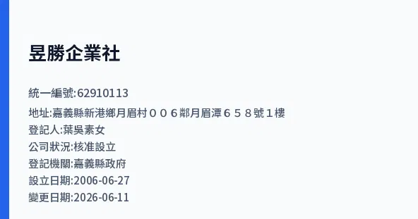 昱勝企業社的照片-統編 62910113(嘉義縣) 公司登記資料與營業項目詳細圖表