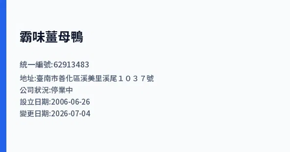 霸味薑母鴨的照片-統編 62913483(臺南市) 公司登記資料與營業項目詳細圖表
