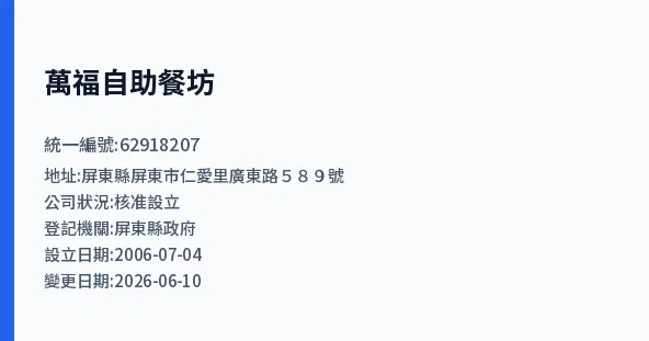 萬福自助餐坊的照片-統編 62918207(屏東縣) 公司登記資料與營業項目詳細圖表