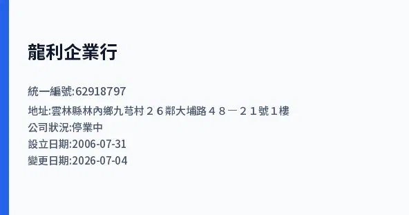 龍利企業行的照片-統編 62918797(雲林縣) 公司登記資料與營業項目詳細圖表