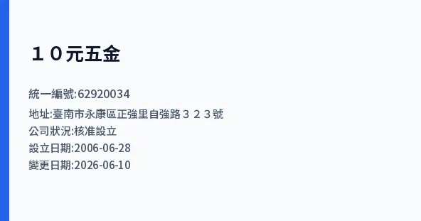 10元五金的照片-統編 62920034(臺南市) 公司登記資料與營業項目詳細圖表