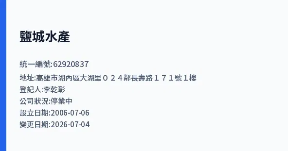 鹽城水產的照片-統編 62920837(高雄市) 公司登記資料與營業項目詳細圖表