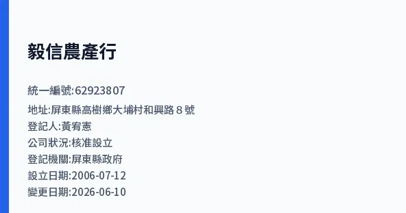 毅信農產行的照片-統編 62923807(屏東縣) 公司登記資料與營業項目詳細圖表