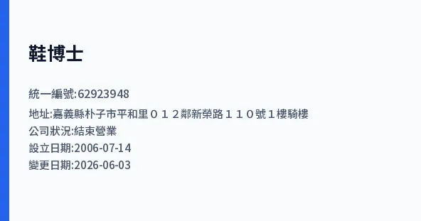 鞋博士的照片-統編 62923948(嘉義縣) 公司登記資料與營業項目詳細圖表