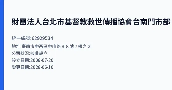 財團法人台北市基督教救世傳播協會台南門市部的照片-統編 62929534(臺南市) 公司登記資料與營業項目詳細圖表