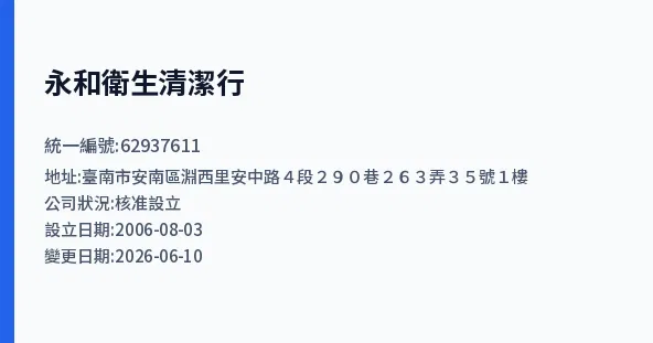 永和衛生清潔行的照片-統編 62937611(臺南市) 公司登記資料與營業項目詳細圖表