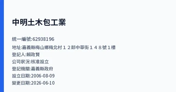 中明土木包工業的照片-統編 62938196(嘉義縣) 公司登記資料與營業項目詳細圖表