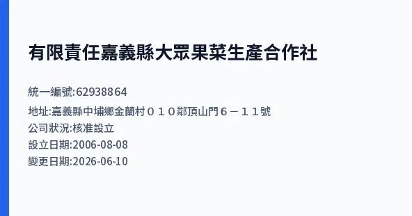 有限責任嘉義縣大眾果菜生產合作社的照片-統編 62938864(嘉義縣) 公司登記資料與營業項目詳細圖表