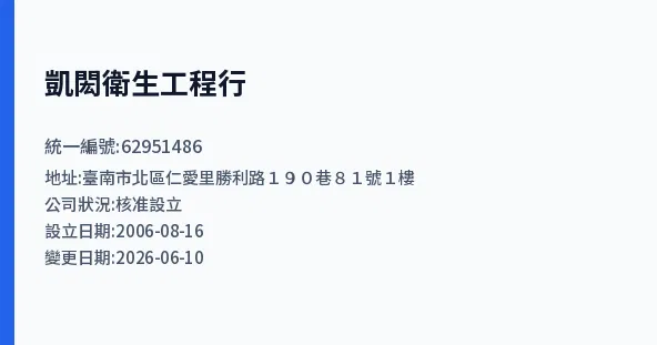 凱閎衛生工程行的照片-統編 62951486(臺南市) 公司登記資料與營業項目詳細圖表