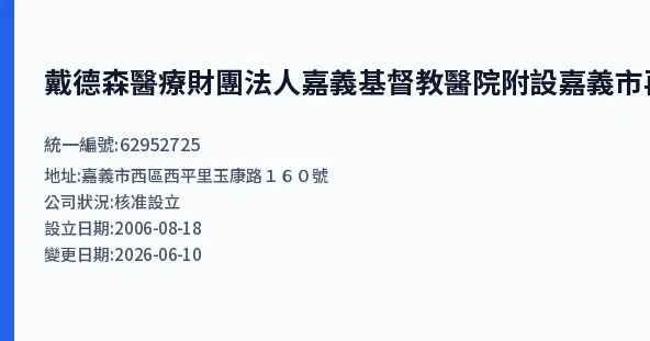 戴德森醫療財團法人嘉義基督教醫院附設嘉義市再耕園的照片-統編 62952725(嘉義市) 公司登記資料與營業項目詳細圖表