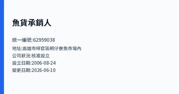 魚貨承銷人的照片-統編 62959038(高雄市) 公司登記資料與營業項目詳細圖表