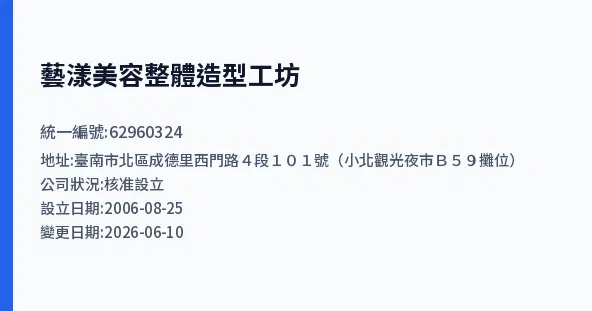 藝漾美容整體造型工坊的照片-統編 62960324(臺南市) 公司登記資料與營業項目詳細圖表