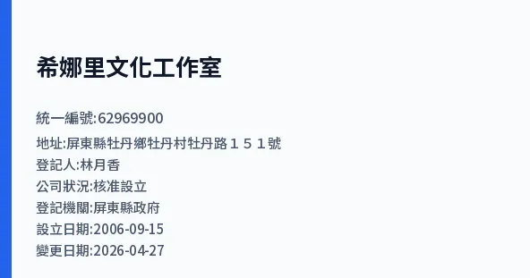 希娜里文化工作室的照片-統編 62969900(屏東縣) 公司登記資料與營業項目詳細圖表