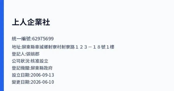 上人企業社的照片-統編 62975699(屏東縣) 公司登記資料與營業項目詳細圖表