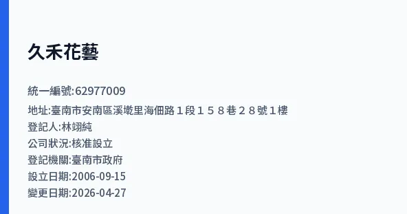 久禾花藝的照片-統編 62977009(臺南市) 公司登記資料與營業項目詳細圖表