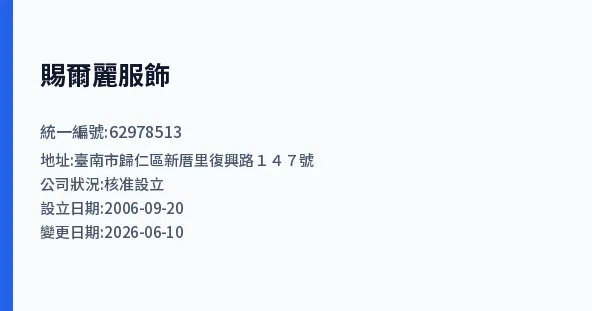 賜爾麗服飾的照片-統編 62978513(臺南市) 公司登記資料與營業項目詳細圖表