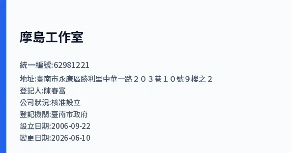 摩島工作室的照片-統編 62981221(臺南市) 公司登記資料與營業項目詳細圖表