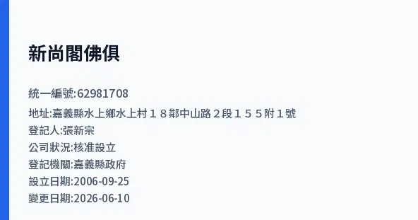 新尚閣佛俱的照片-統編 62981708(嘉義縣) 公司登記資料與營業項目詳細圖表