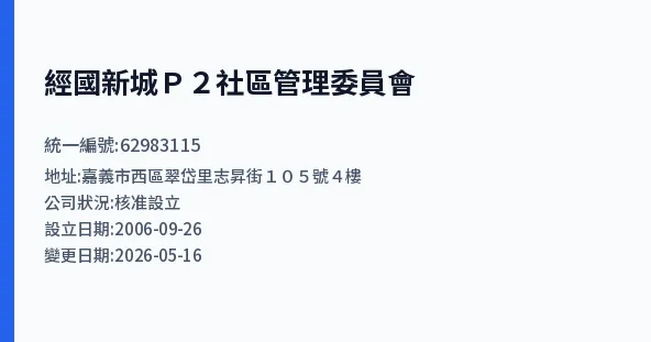 經國新城P2社區管理委員會的照片-統編 62983115(嘉義市) 公司登記資料與營業項目詳細圖表
