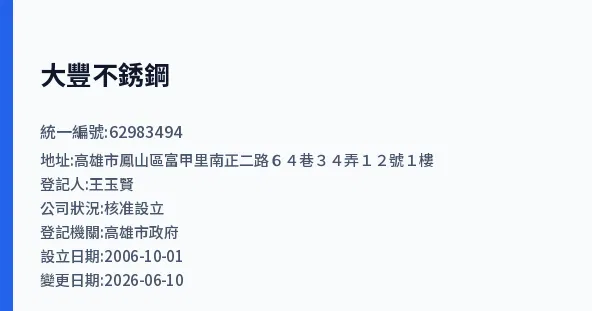 大豐不銹鋼的照片-統編 62983494(高雄市) 公司登記資料與營業項目詳細圖表