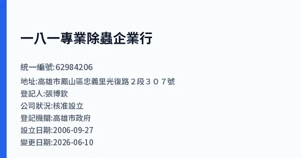 一八一專業除蟲企業行的照片-統編 62984206(高雄市) 公司登記資料與營業項目詳細圖表