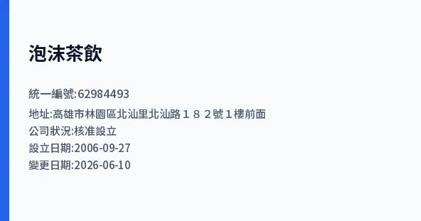 泡沫茶飲的照片-統編 62984493(高雄市) 公司登記資料與營業項目詳細圖表