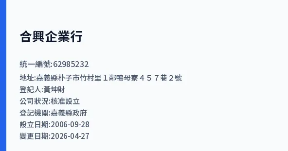 合興企業行的照片-統編 62985232(嘉義縣) 公司登記資料與營業項目詳細圖表