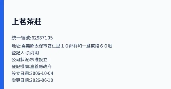 上茗茶莊的照片-統編 62987105(嘉義縣) 公司登記資料與營業項目詳細圖表