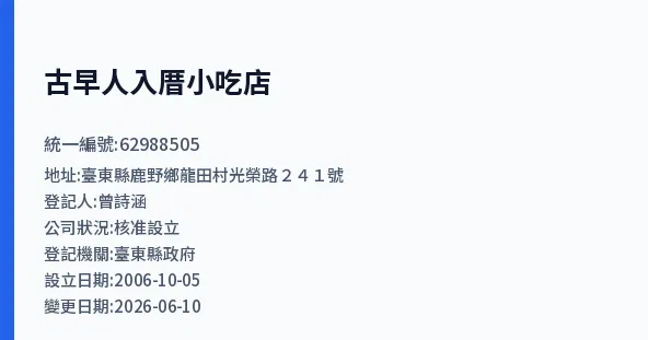 古早人入厝小吃店的照片-統編 62988505(臺東縣) 公司登記資料與營業項目詳細圖表