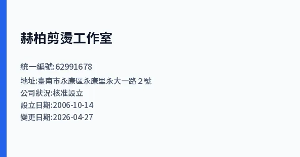 赫柏剪燙工作室的照片-統編 62991678(臺南市) 公司登記資料與營業項目詳細圖表