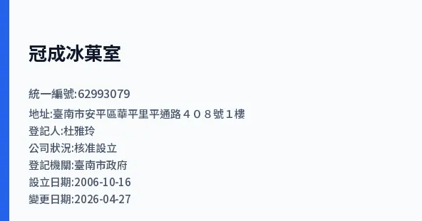 冠成冰菓室的照片-統編 62993079(臺南市) 公司登記資料與營業項目詳細圖表