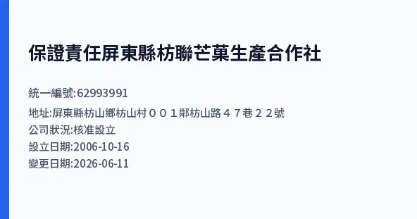 保證責任屏東縣枋聯芒菓生產合作社的照片-統編 62993991(屏東縣) 公司登記資料與營業項目詳細圖表