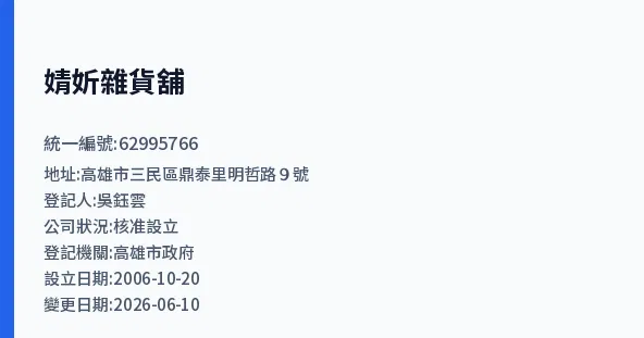 婧妡雜貨舖的照片-統編 62995766(高雄市) 公司登記資料與營業項目詳細圖表