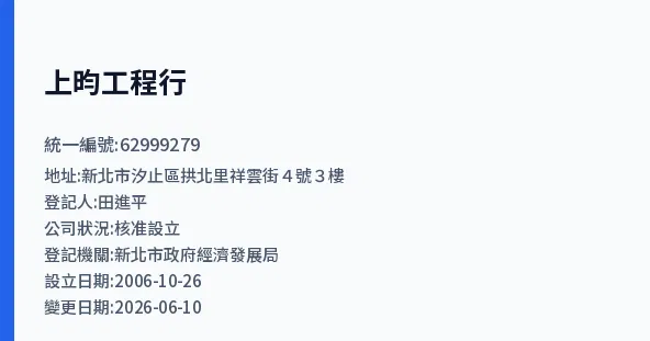 上昀工程行的照片-統編 62999279(新北市) 公司登記資料與營業項目詳細圖表