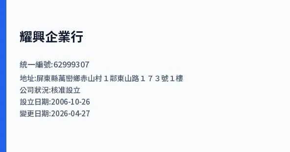 耀興企業行的照片-統編 62999307(屏東縣) 公司登記資料與營業項目詳細圖表