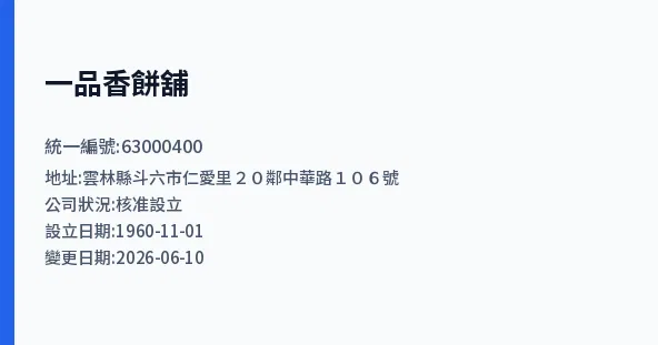 一品香餅舖的照片-統編 63000400(雲林縣) 公司登記資料與營業項目詳細圖表