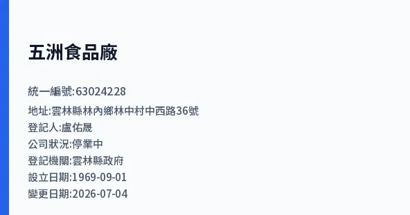 五洲食品廠的照片-統編 63024228(雲林縣) 公司登記資料與營業項目詳細圖表