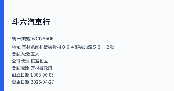 斗六汽車行的照片-統編 63025606(雲林縣) 公司登記資料與營業項目詳細圖表