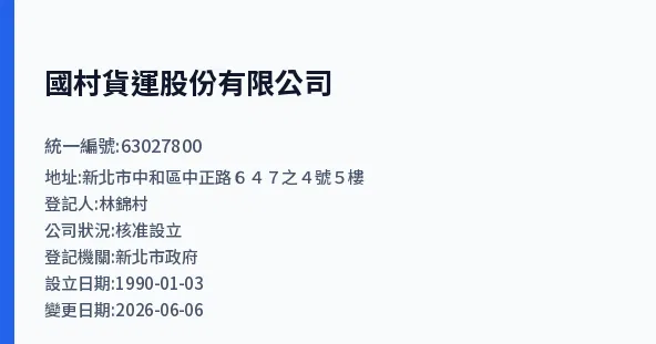 國村貨運股份有限公司的照片-統編 63027800(新北市) 公司登記資料與營業項目詳細圖表