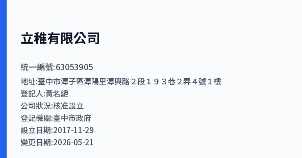 立稚有限公司的照片-統編 63053905(臺中市) 公司登記資料與營業項目詳細圖表