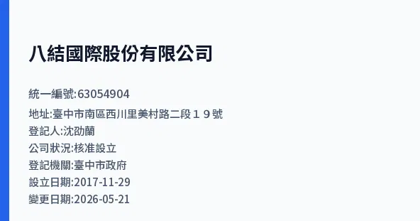 八結國際股份有限公司的照片-統編 63054904(臺中市) 公司登記資料與營業項目詳細圖表