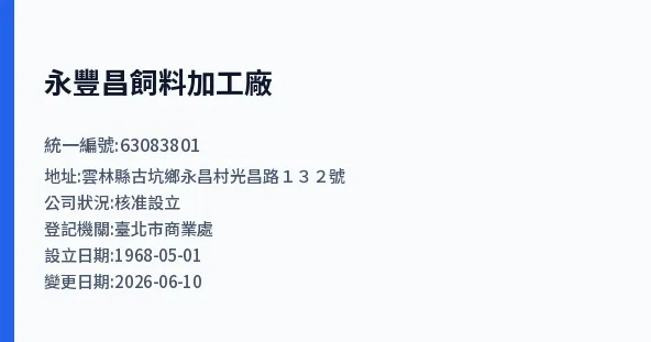 永豐昌飼料加工廠的照片-統編 63083801(雲林縣) 公司登記資料與營業項目詳細圖表