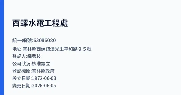 西螺水電工程處的照片-統編 63086080(雲林縣) 公司登記資料與營業項目詳細圖表