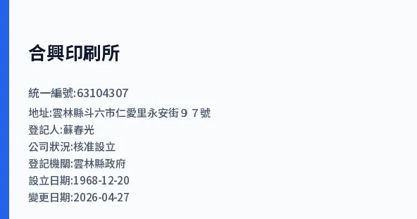 合興印刷所的照片-統編 63104307(雲林縣) 公司登記資料與營業項目詳細圖表