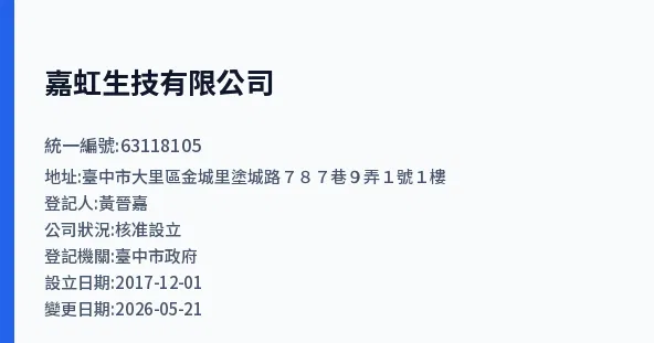 嘉虹生技有限公司的照片-統編 63118105(臺中市) 公司登記資料與營業項目詳細圖表