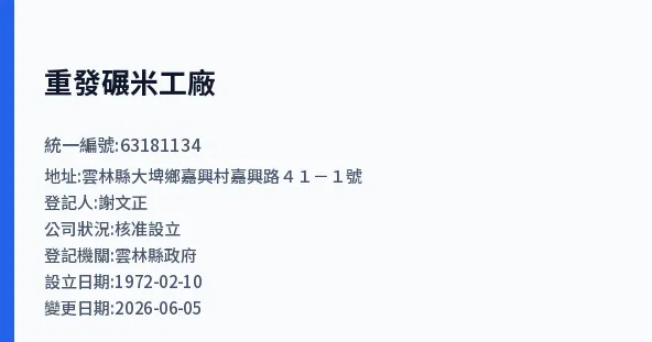 重發碾米工廠的照片-統編 63181134(雲林縣) 公司登記資料與營業項目詳細圖表